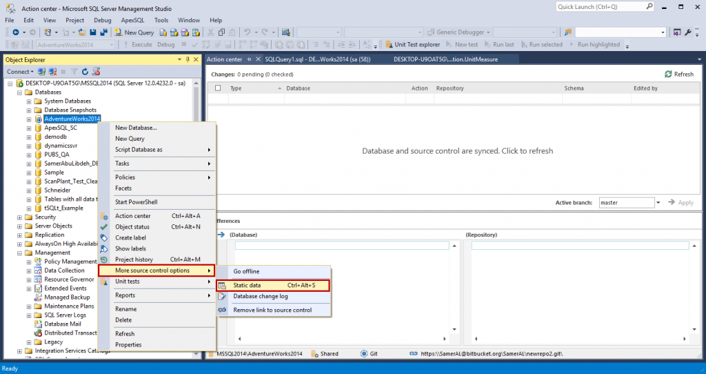 How to link and initially commit SQL Server database static data