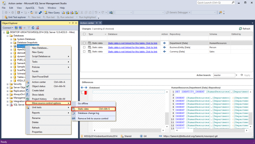 How to pull version controlled SQL Server database static data from a repository